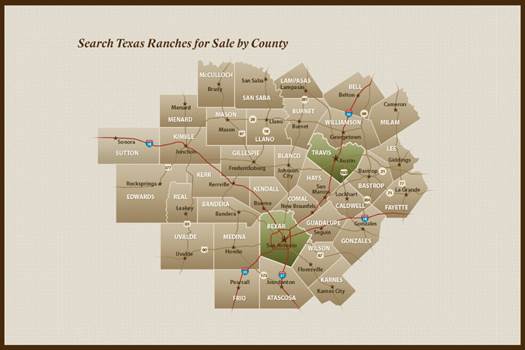 Search Ranches for Sale in Texas by Interactive County Map